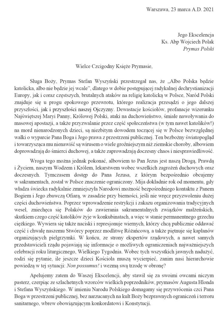 List otwarty organizacji katolickich do Prymasa Polski abp Wojciecha ...